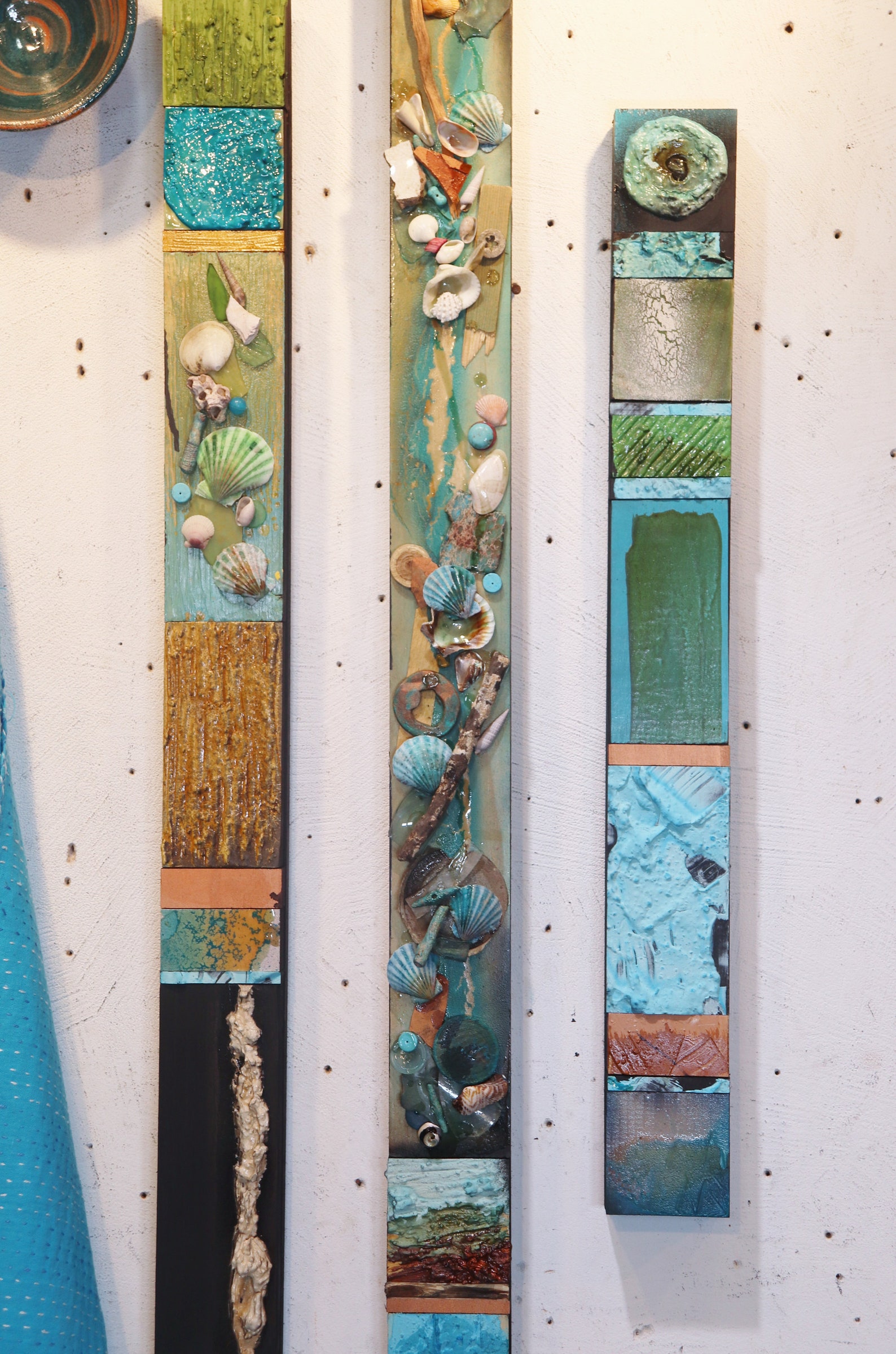 Abstract Modern Glazed OOAK Wood Distressed Metal Totems Set 3,5 or 9pi ...