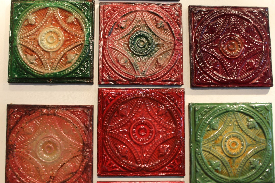 Ceramic Glazed Tin Tile Wheel of Time 1870 Oversized Metal Wall Folk ...