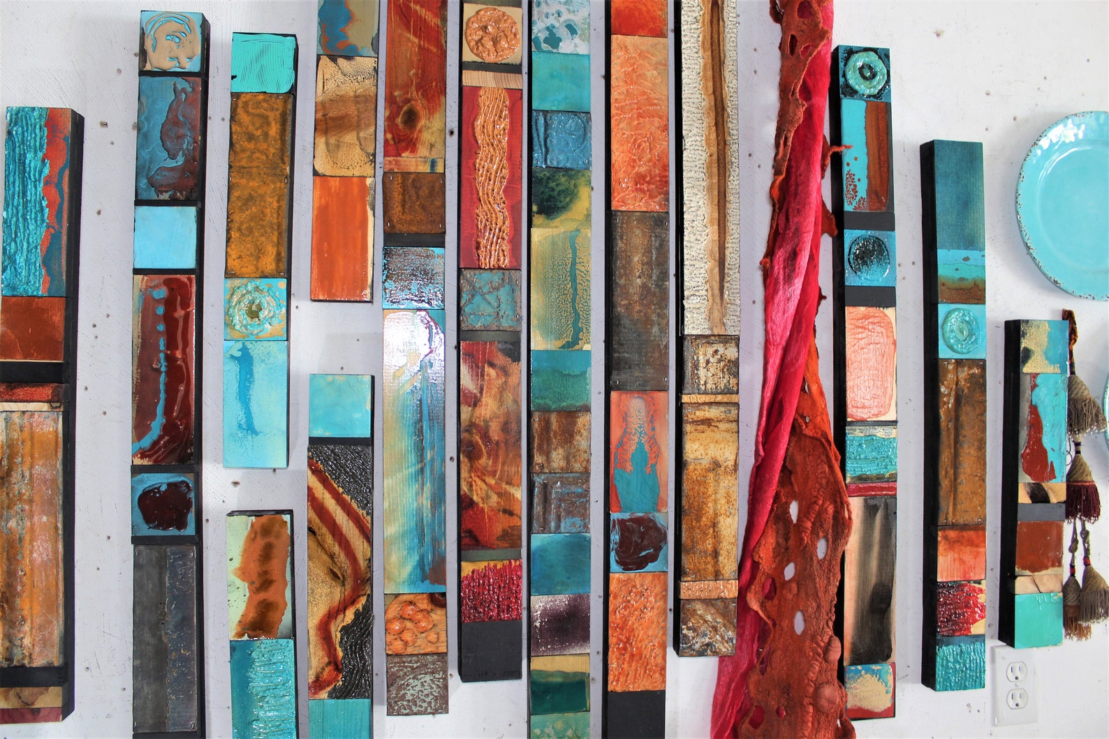 Reclaimed Large Wall 5 Plus Totems Turquoise Wood Recycled Tin Metal ...