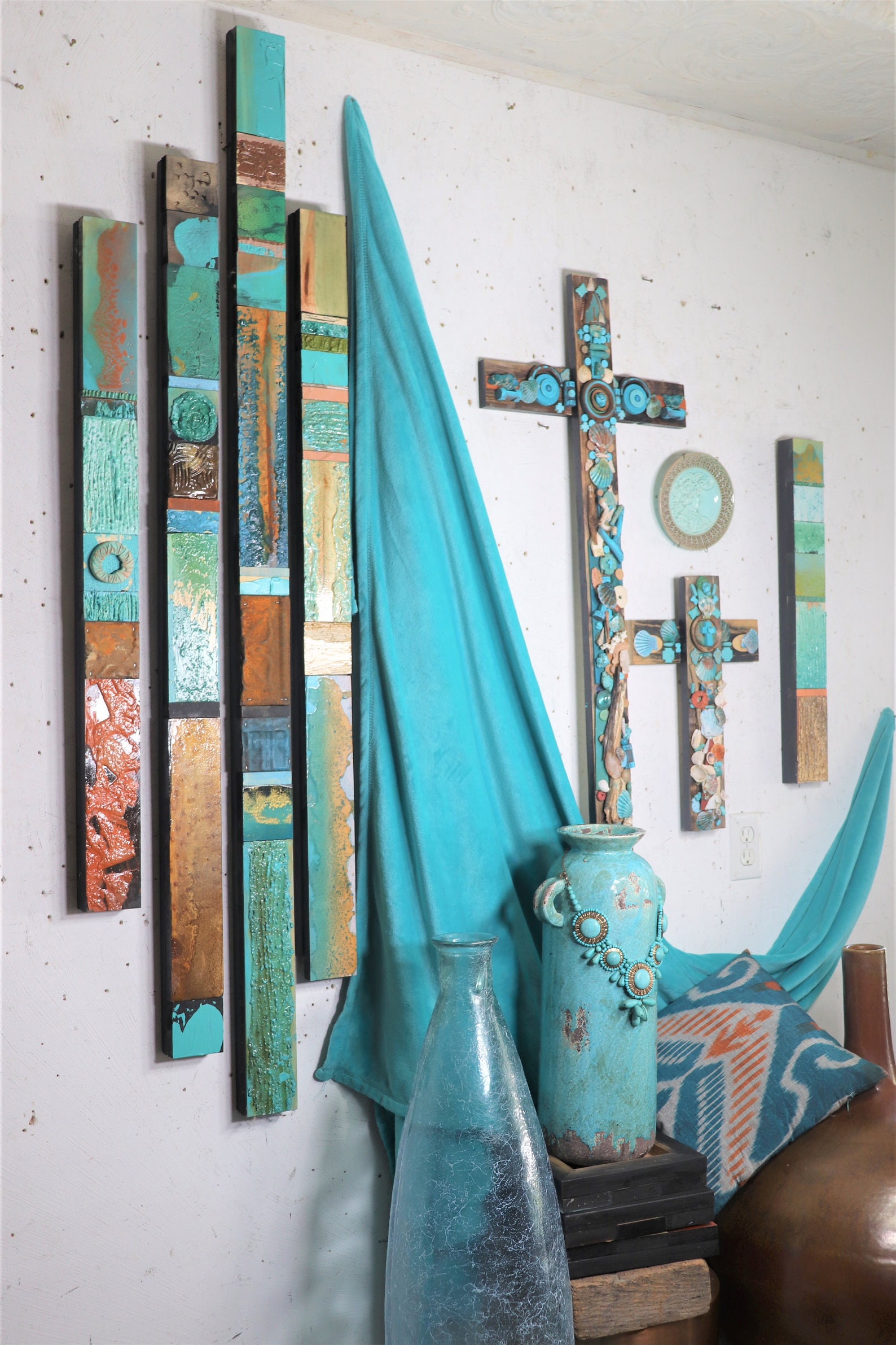 Handmade Turquoise Crucifix Cross Religous Southwest Seashore 2D Art ...