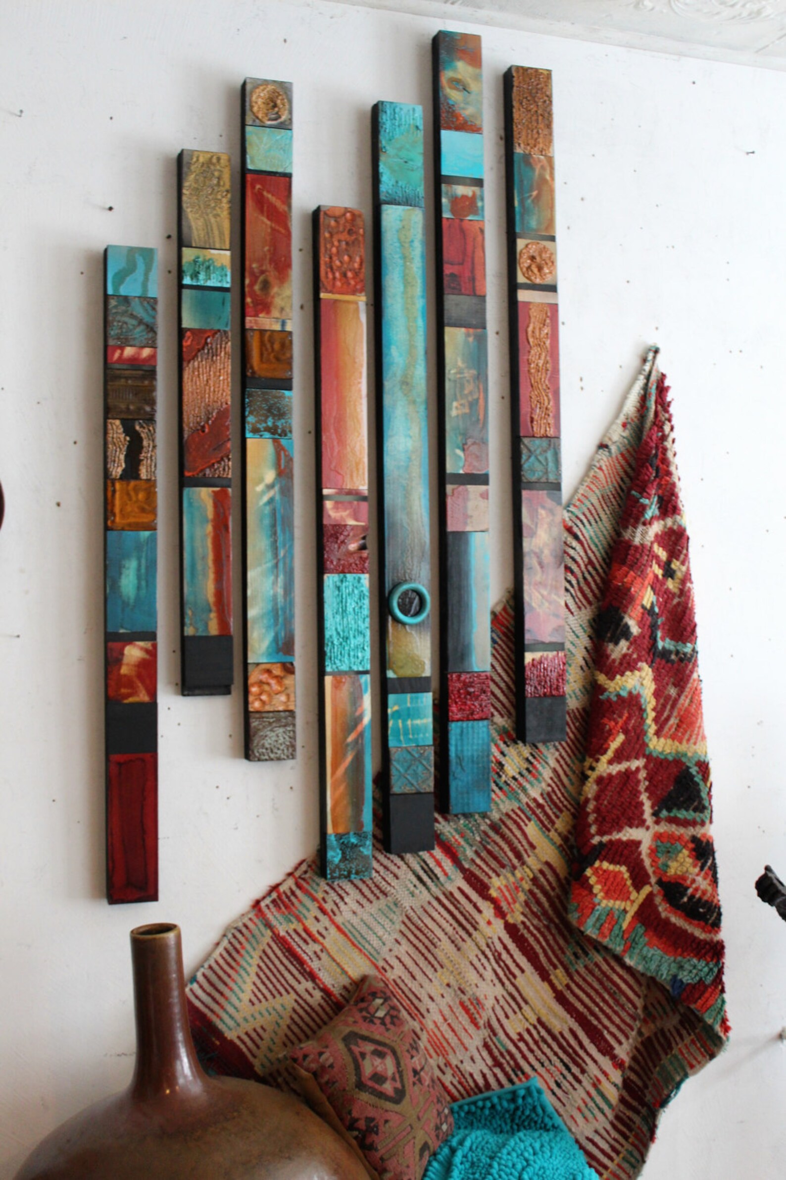 Reclaimed Large Wall 5 Plus Totems Turquoise Wood Recycled Tin Metal ...