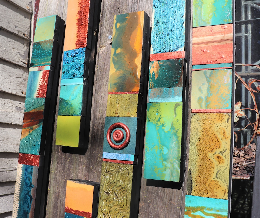 3 Tall Unusual Tribal Green Abstract Mixed Media Rust Colored Recycled ...