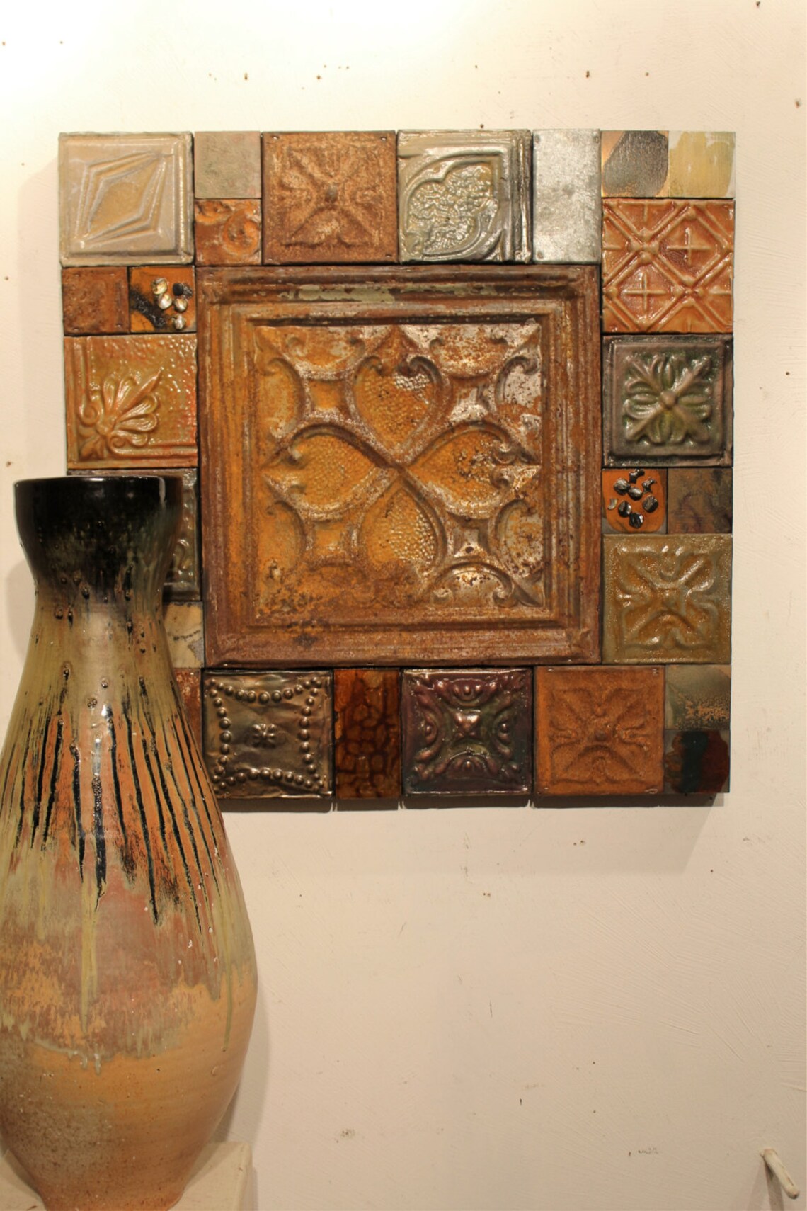 Rustic Abstract Relief 2x4' Tin Tile Mid Century Heirloom Large Wall ...