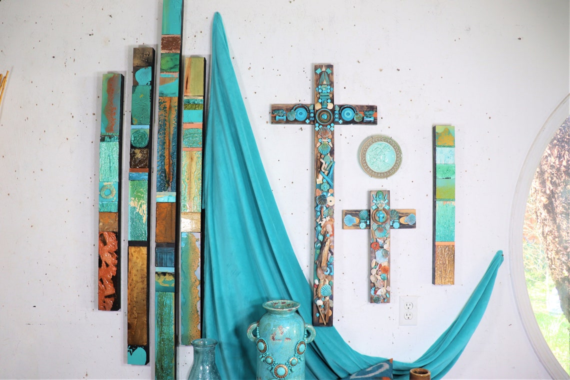 Handmade Turquoise Crucifix Cross Religous Southwest Seashore 2D Art ...