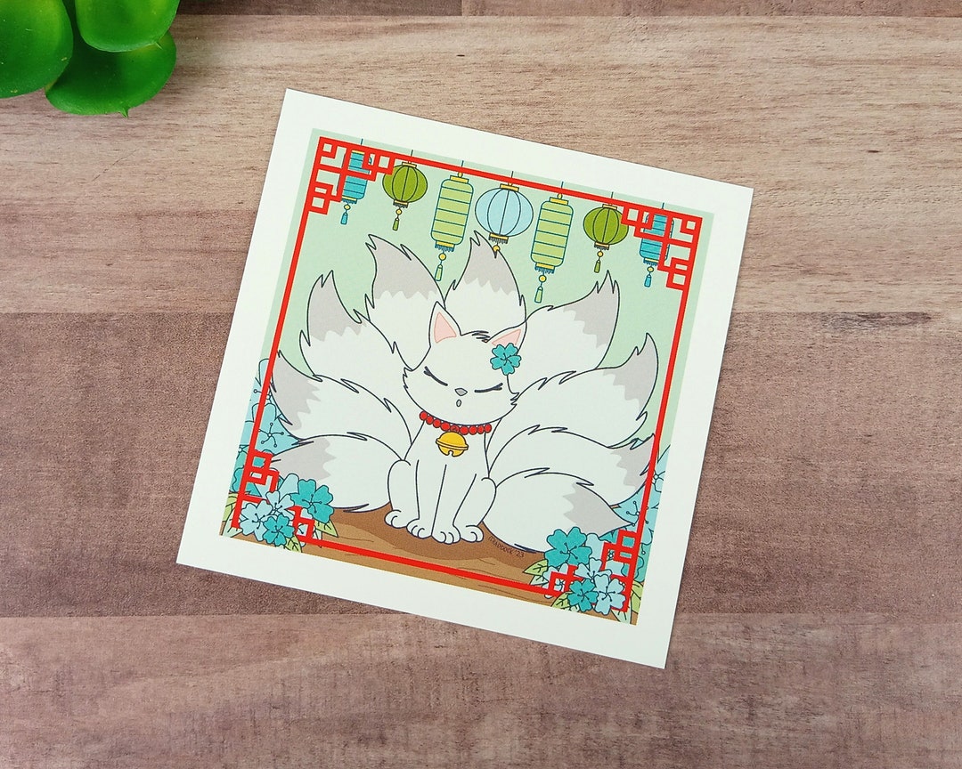 Arctic Lucky Fox Mini Print 4x4 Art Print | Kawaii Art | Japanese ...