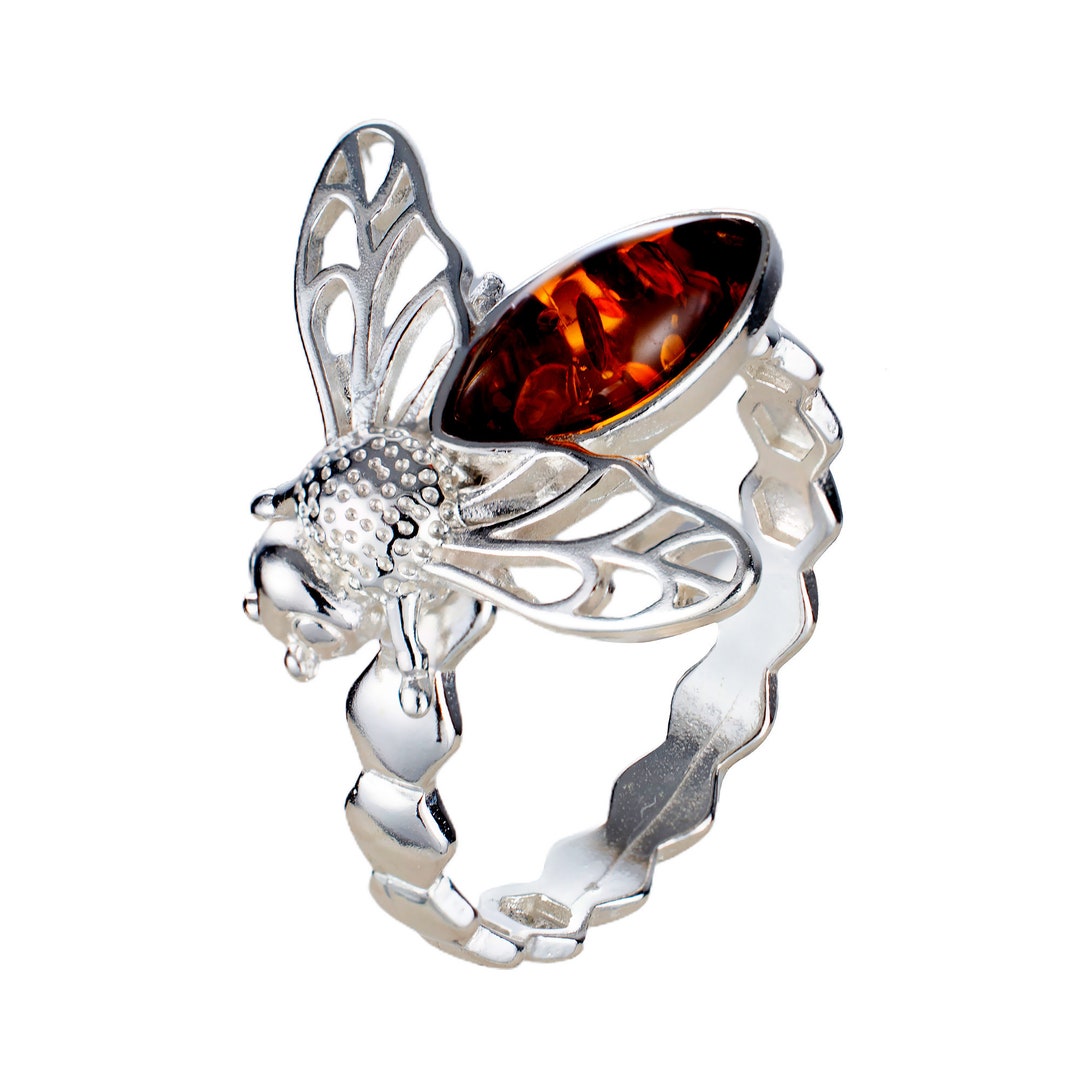Bumblebee Ring, Sterling Silver Ring, Amber Jewelry for Women, Marquise ...