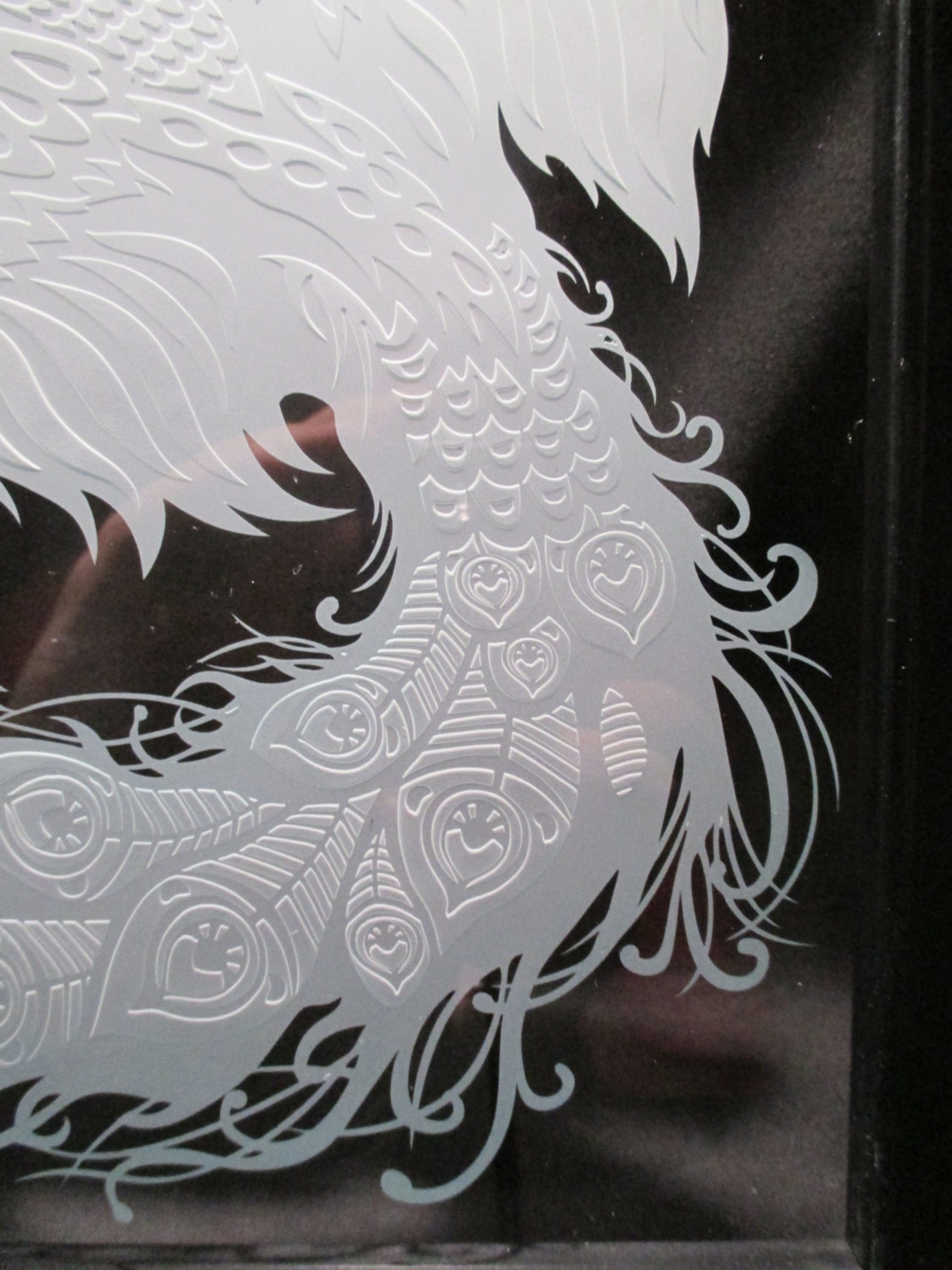 Peacock Phoenix Sand Carved Etched Glass Art Frame Fire Bird - Etsy