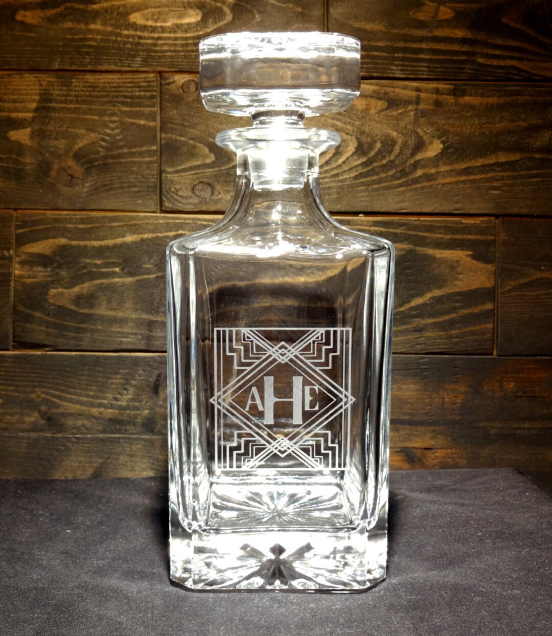 Art Deco Monogram Decanter Crystal Etched Glass Whiskey Bourbon Scotch ...