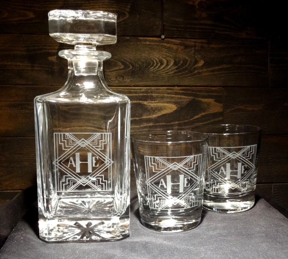 Art Deco Monogram Decanter Crystal Etched Glass Whiskey | Etsy