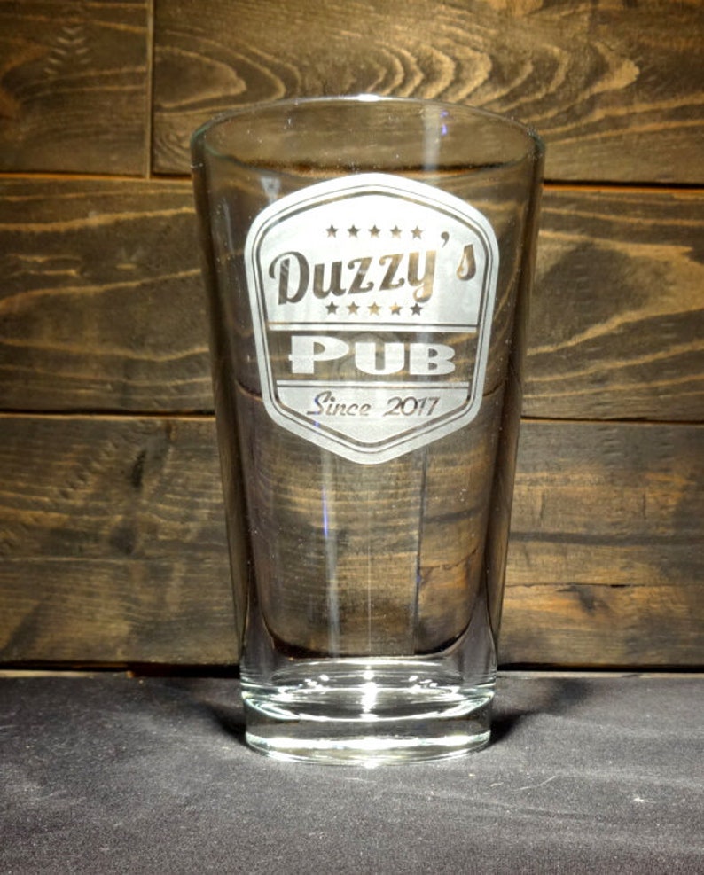 Custom Pint Glasses With Retro Style Pub Label Etched Glass Etsy