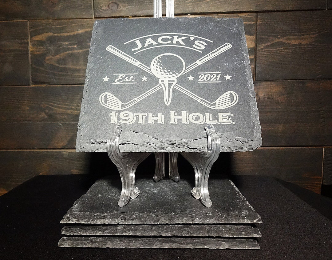 Custom Slate Coaster Personalized Golf 19th Hole Design Golfer Gift Set ...