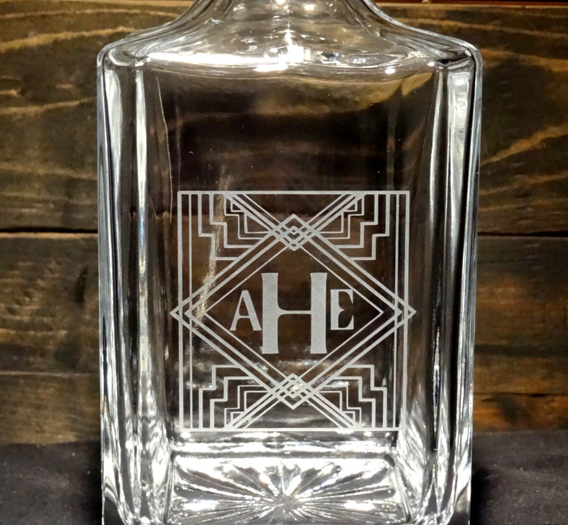 Art Deco Monogram Decanter Crystal Etched Glass Whiskey | Etsy