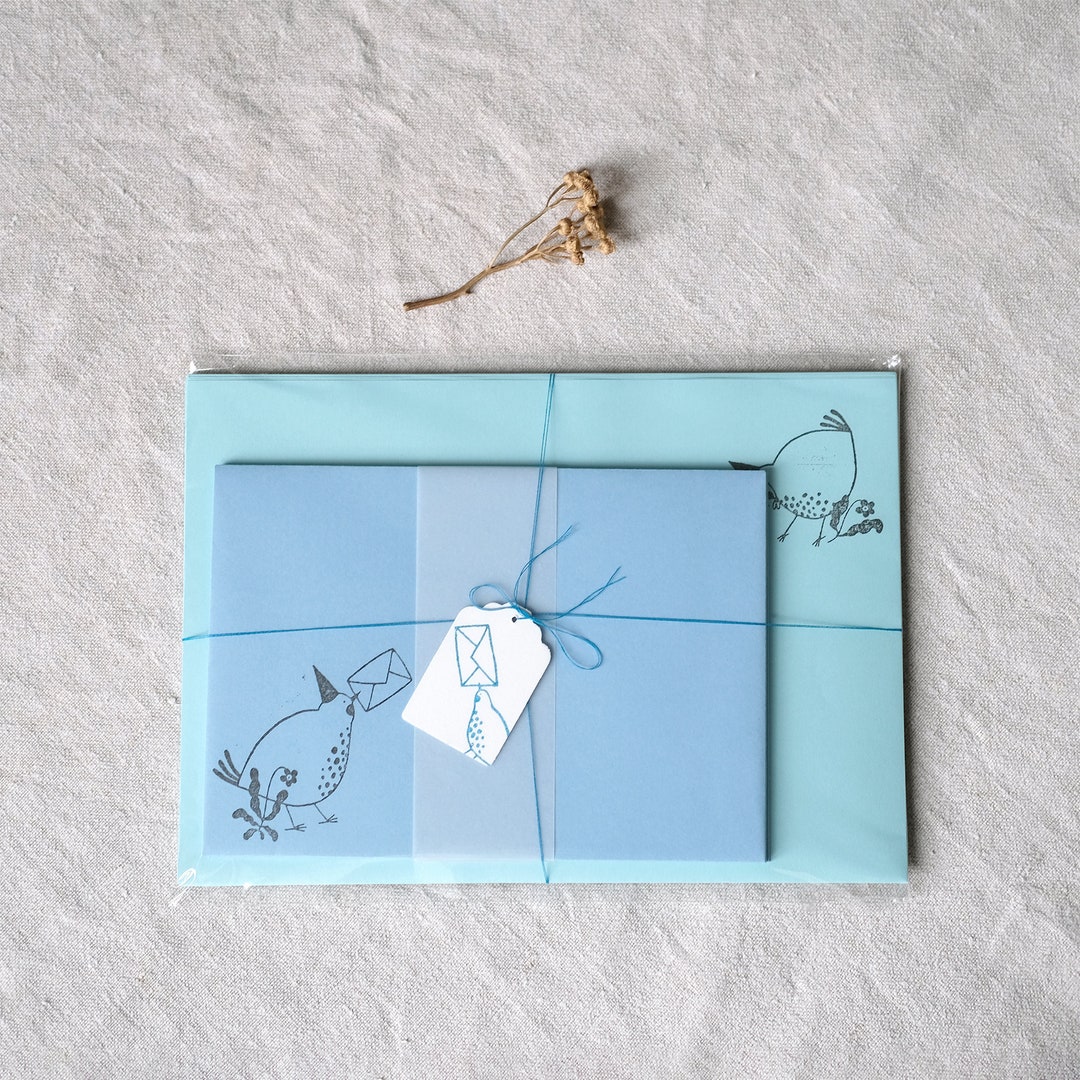 Writing Paper Set A4 15 Pieces Hand Printed Bird Mail Blue - Etsy