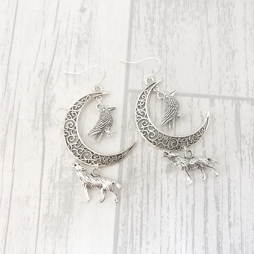 Raven Moon Earrings | Silver Crescent Moon, Howling Wolf & Raven ...