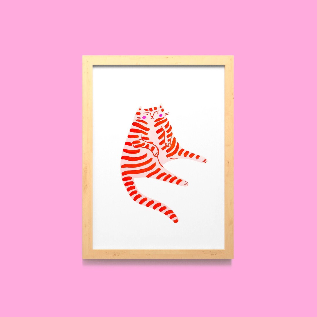 Fat Cat Wall Art Print A5, A4 / Hand Painted Cat Home Decor / Lazy ...