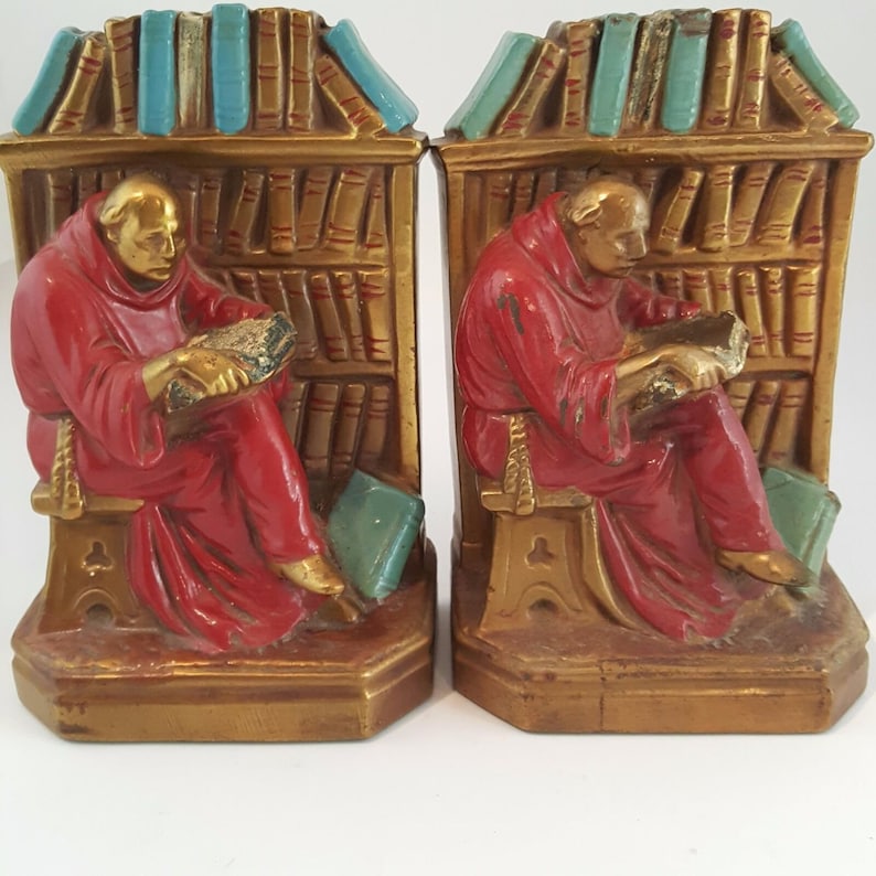 Bookends Antique Armor Bronze Company Man Monk Reading Library 1930s ...