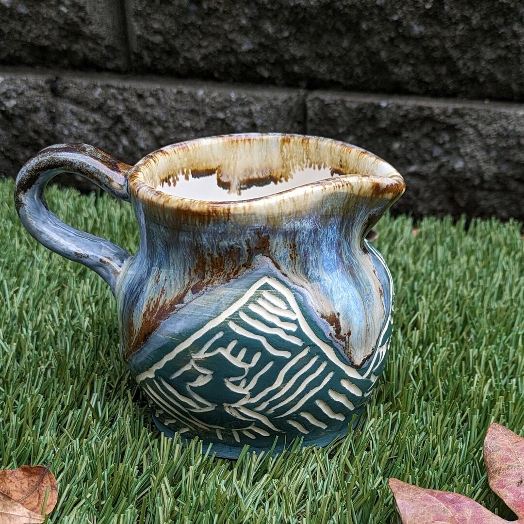 Hand Thrown and Carved Mountain Scene Creamer Pitcher - Etsy