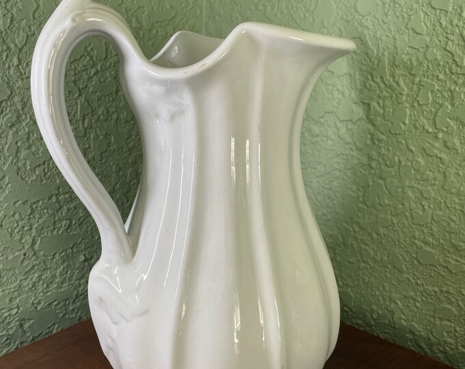 Tall White Ironstone Water Pitcher, Classic Ribbed Design, William ...