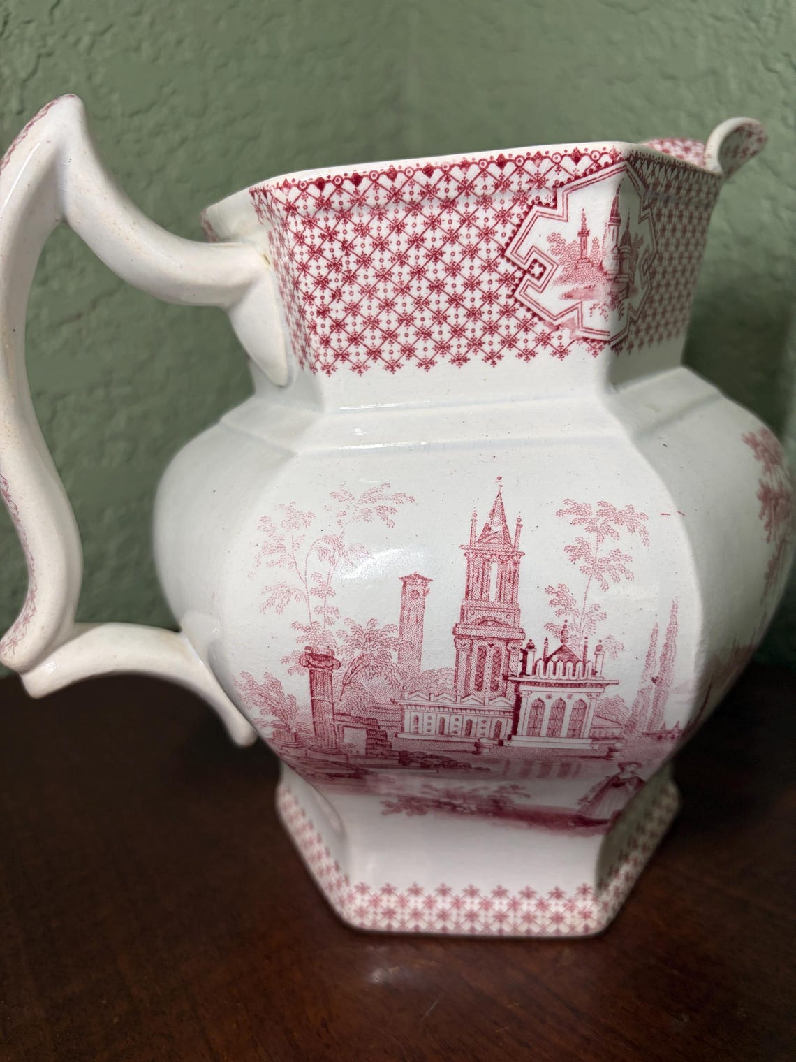 Large Antique Pink Transferware Octagonal Pitcher, Cyrene, Wm. Adams IV ...