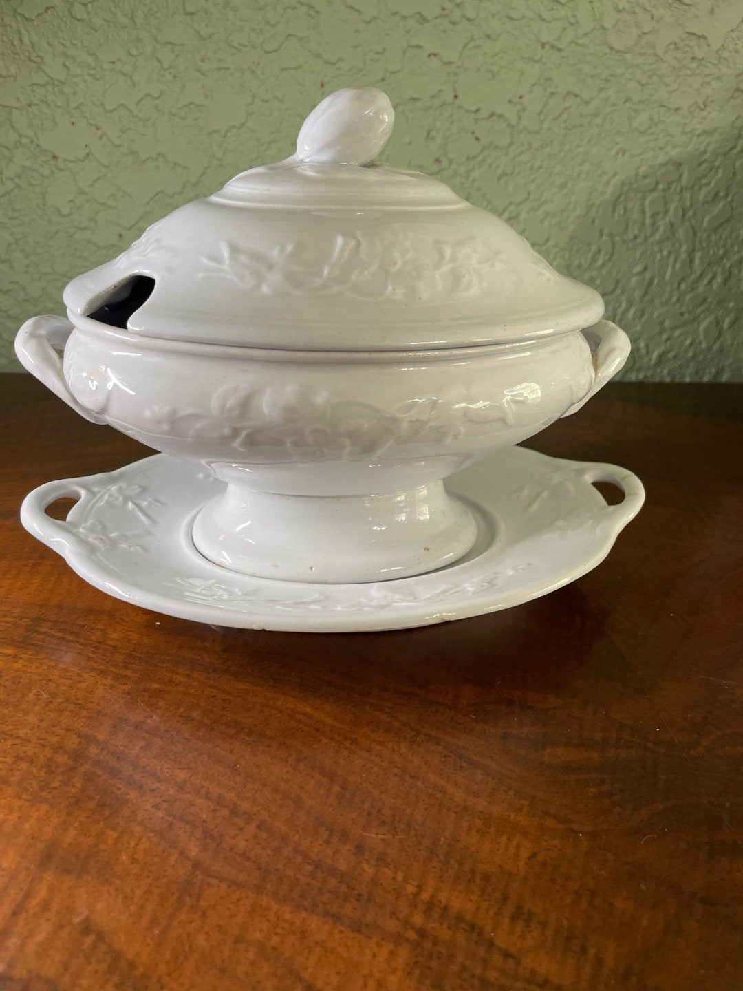 Antique White Ironstone Three Piece Sauce Tureen, Trumpet Vine Shape, E ...