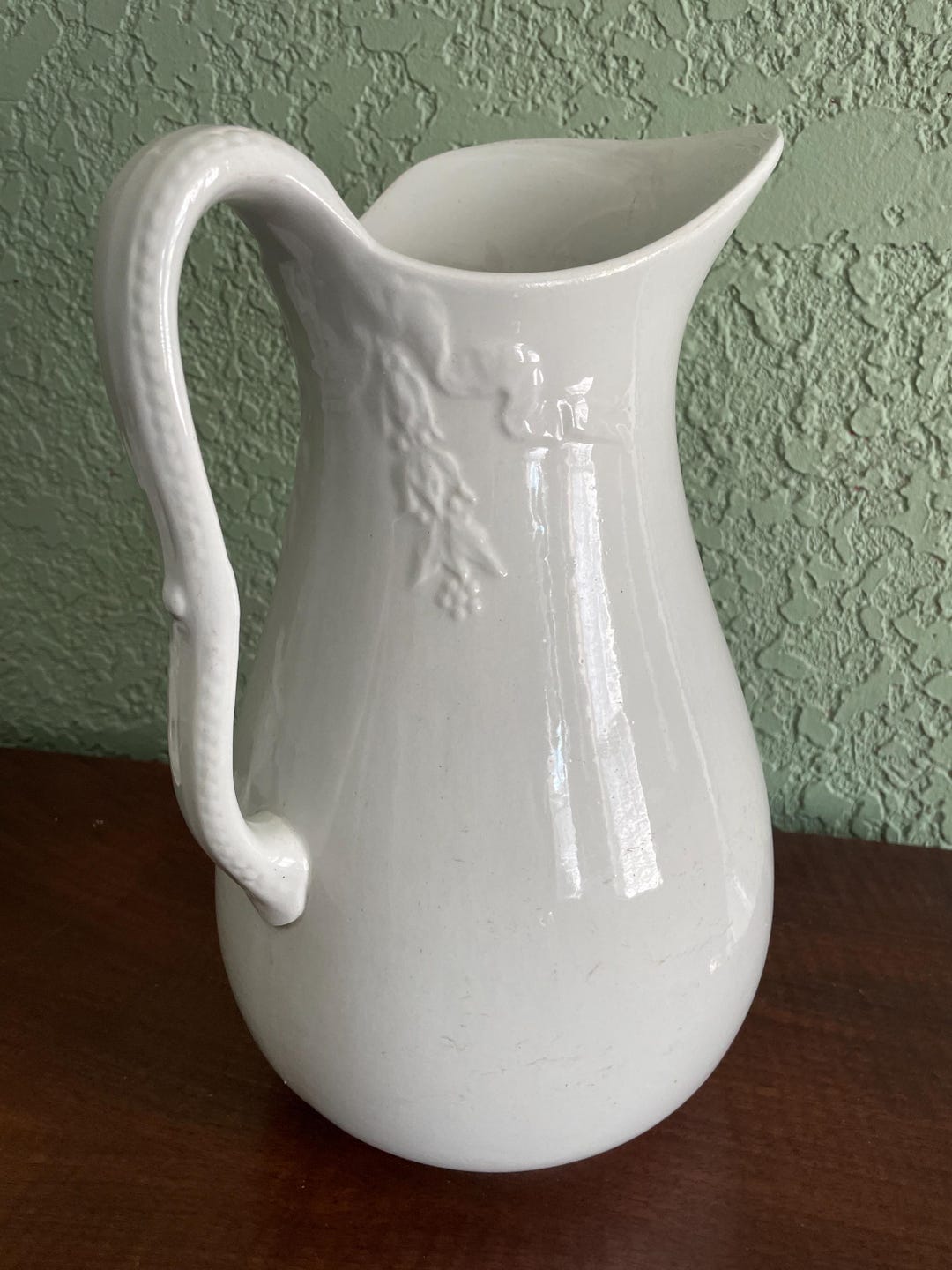 Large Antique White Ironstone Water Pitcher, Chain of Tulips, Wm. Adams ...