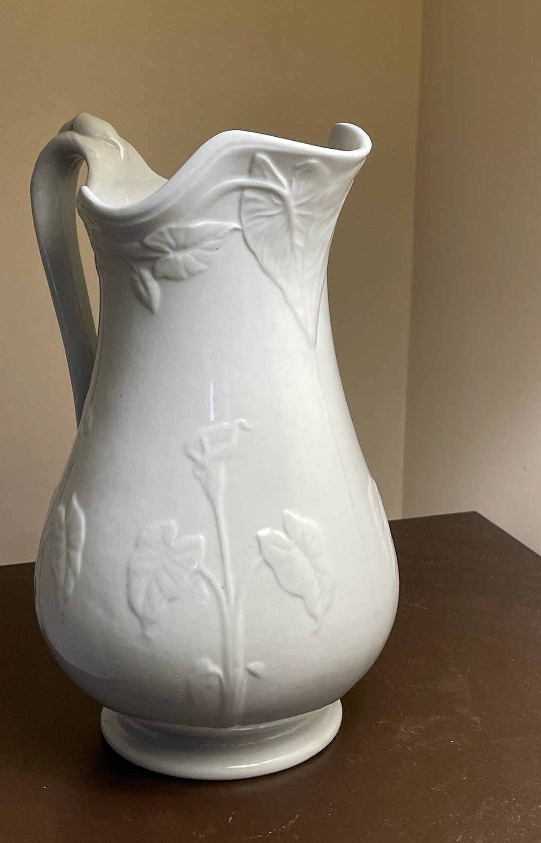Large Antique White Ironstone Water Pitcher, LILY SHAPE, Burgess ...