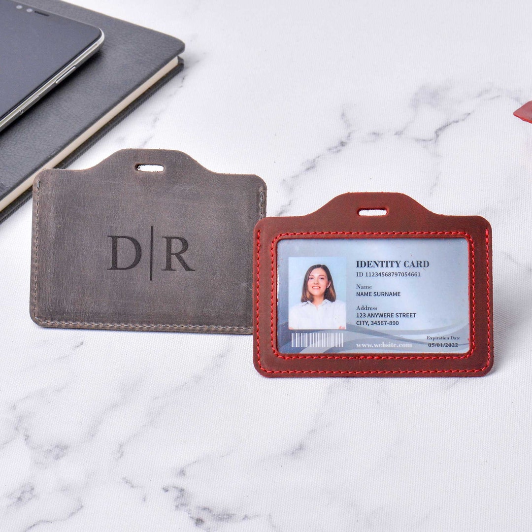 Custom Leather ID Card Holder, Personalized Leather Badge Holder ...