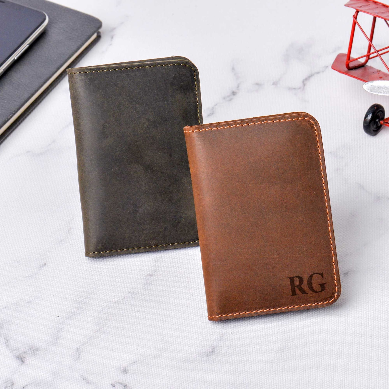 Minimalist Leather Wallet Initials and Picture Engraved - Etsy