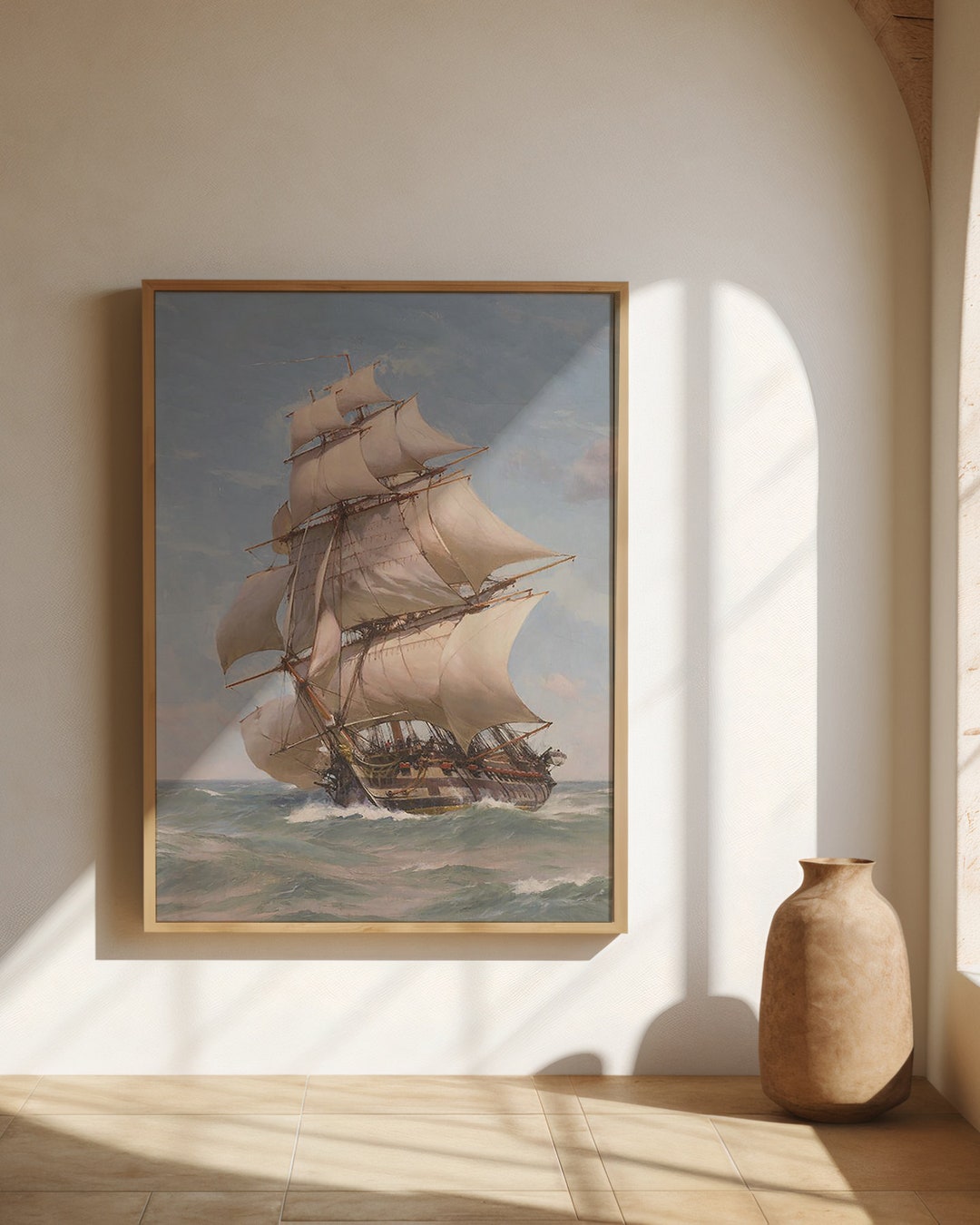 Printable Full Sail Ship Painting Antique Ocean Painting Vintage Coastal Art Nautical Antique ...