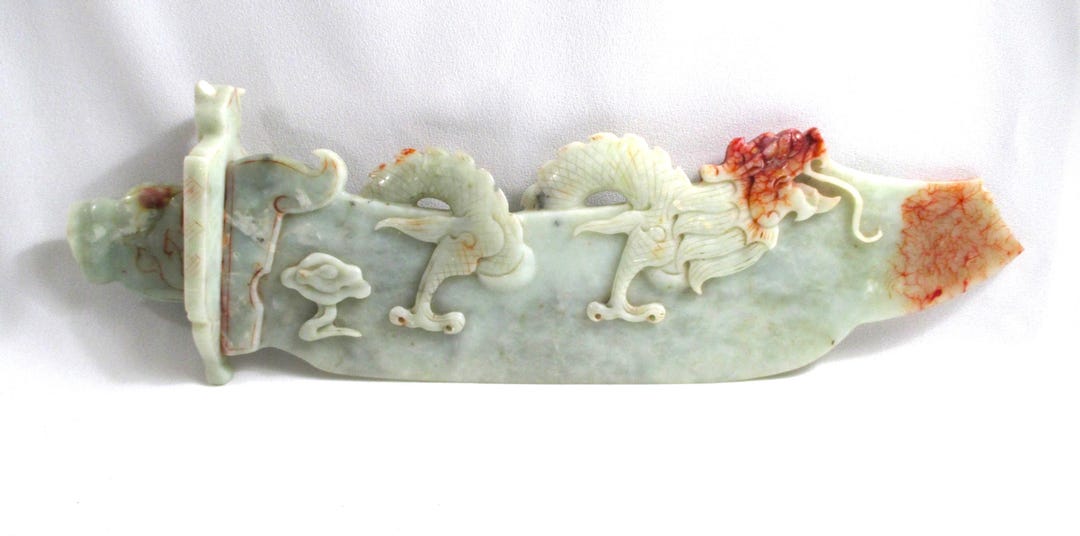 Antique Green & Red Jade Sword From China Intricate Handcarved Raised ...