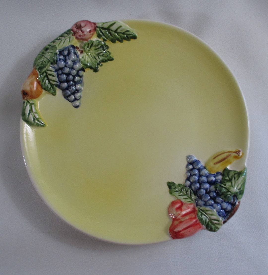 10 Vintage Yellow Plate W/raised Hand Painted Majolica Fruit Design ...