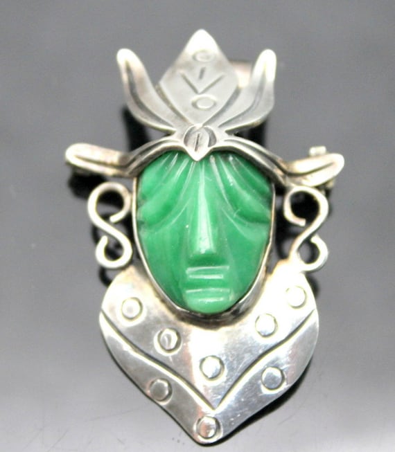 GIFT IDEA! Vintage Mexican Jade Aztec Masks Sterling… - Gem