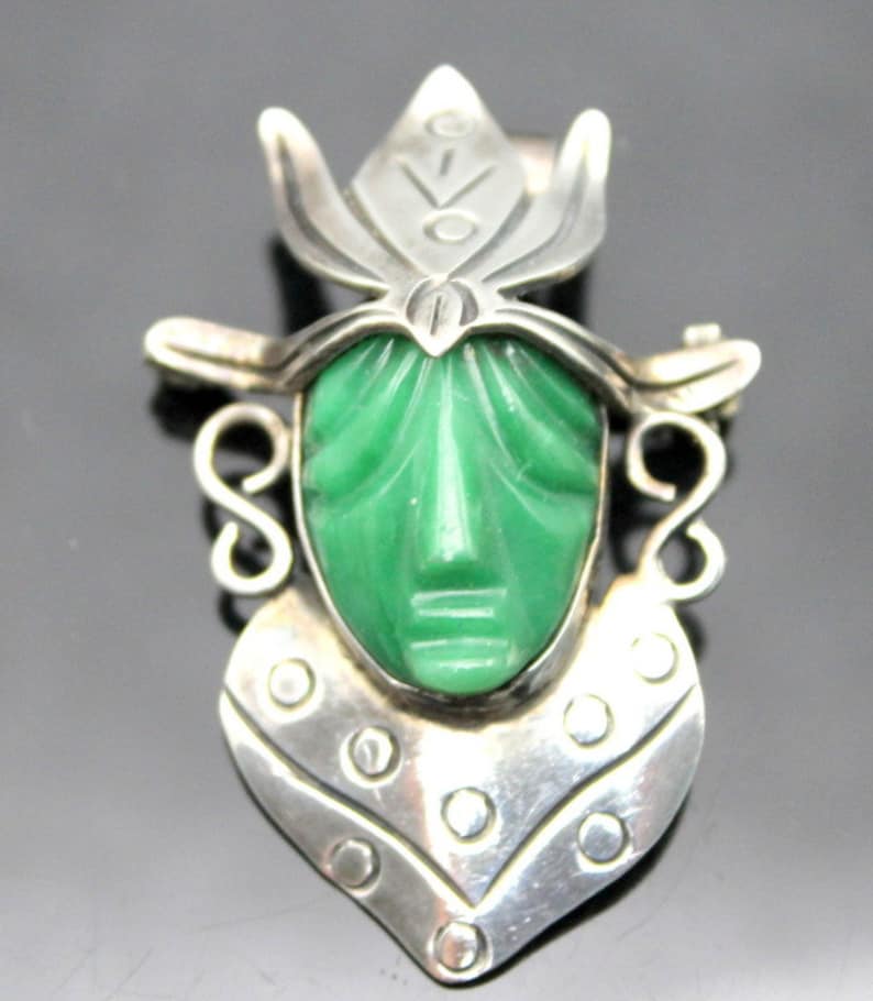GIFT IDEA Vintage Mexican Jade Aztec Masks Sterling Silver Pendant ...