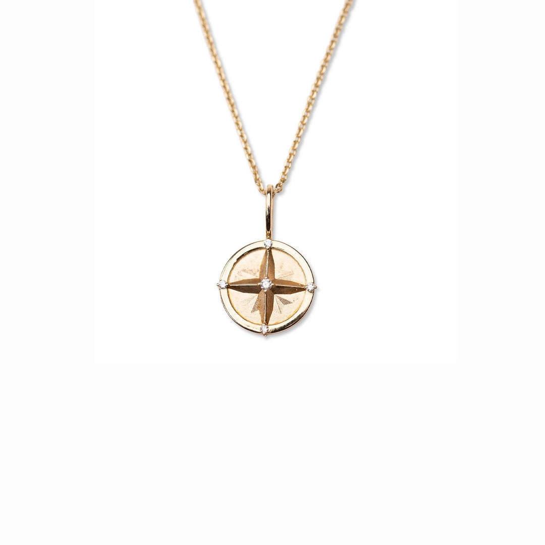 14k Compass Diamond Necklace, 14k Unique Diamond Necklace, Compass ...