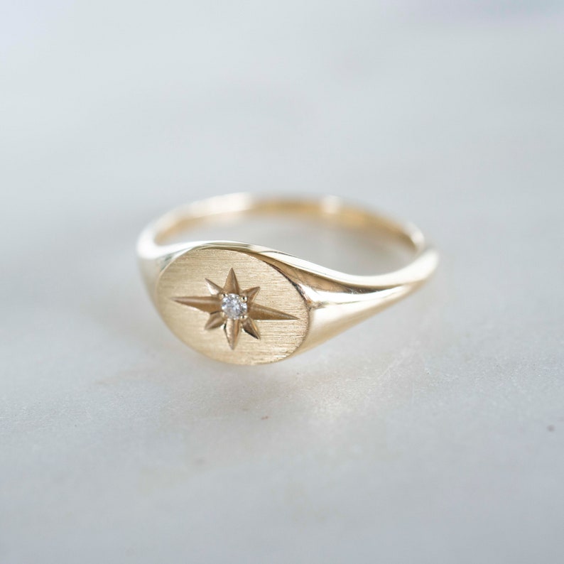 14k Gold Starburst Signet Ring: .025 Diamond, Ladies Ring - Etsy