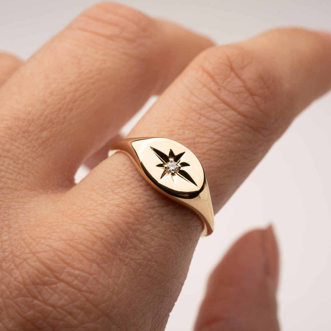14k Gold Starburst Signet Ring: .025 Diamond, Ladies Ring - Etsy