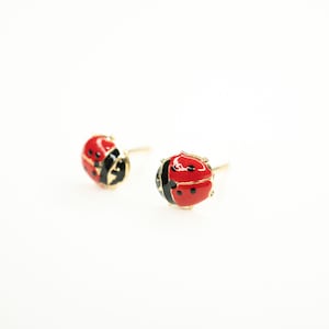 14k Gold Ladybug Stud Earrings: Enamel Lucky Bug Jewelry - Etsy