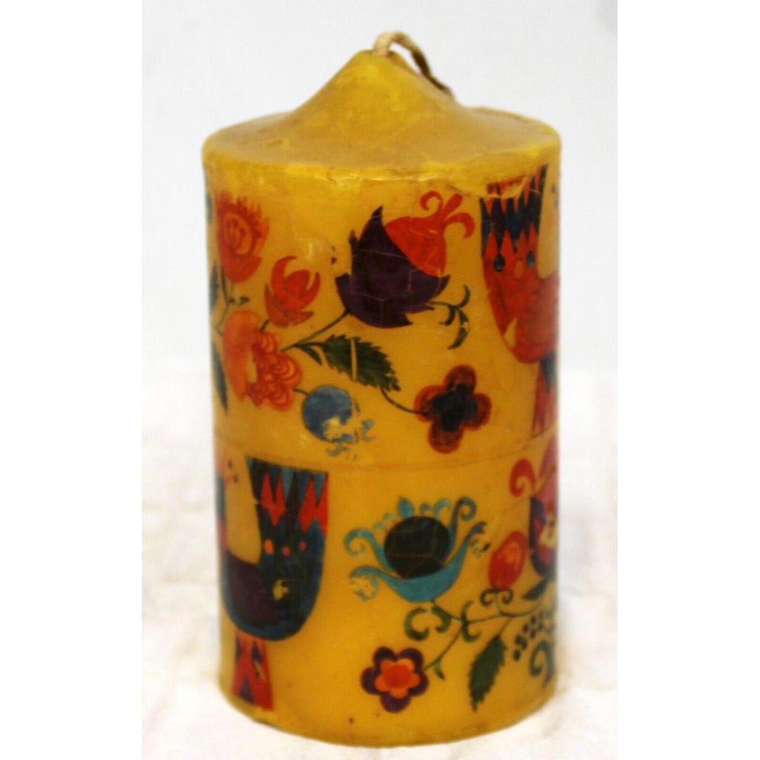Vtg 80s German Printed Candle Harvest Yellow Gold Flowers Birds Unburnt ...