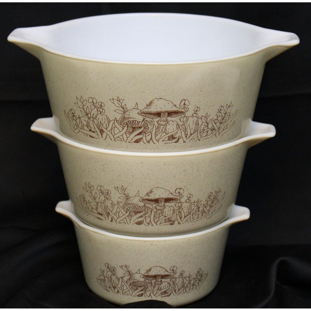 1980s Pyrex Set of 3 Forest Fancies Beige Mushroom Baking Dish Handle ...