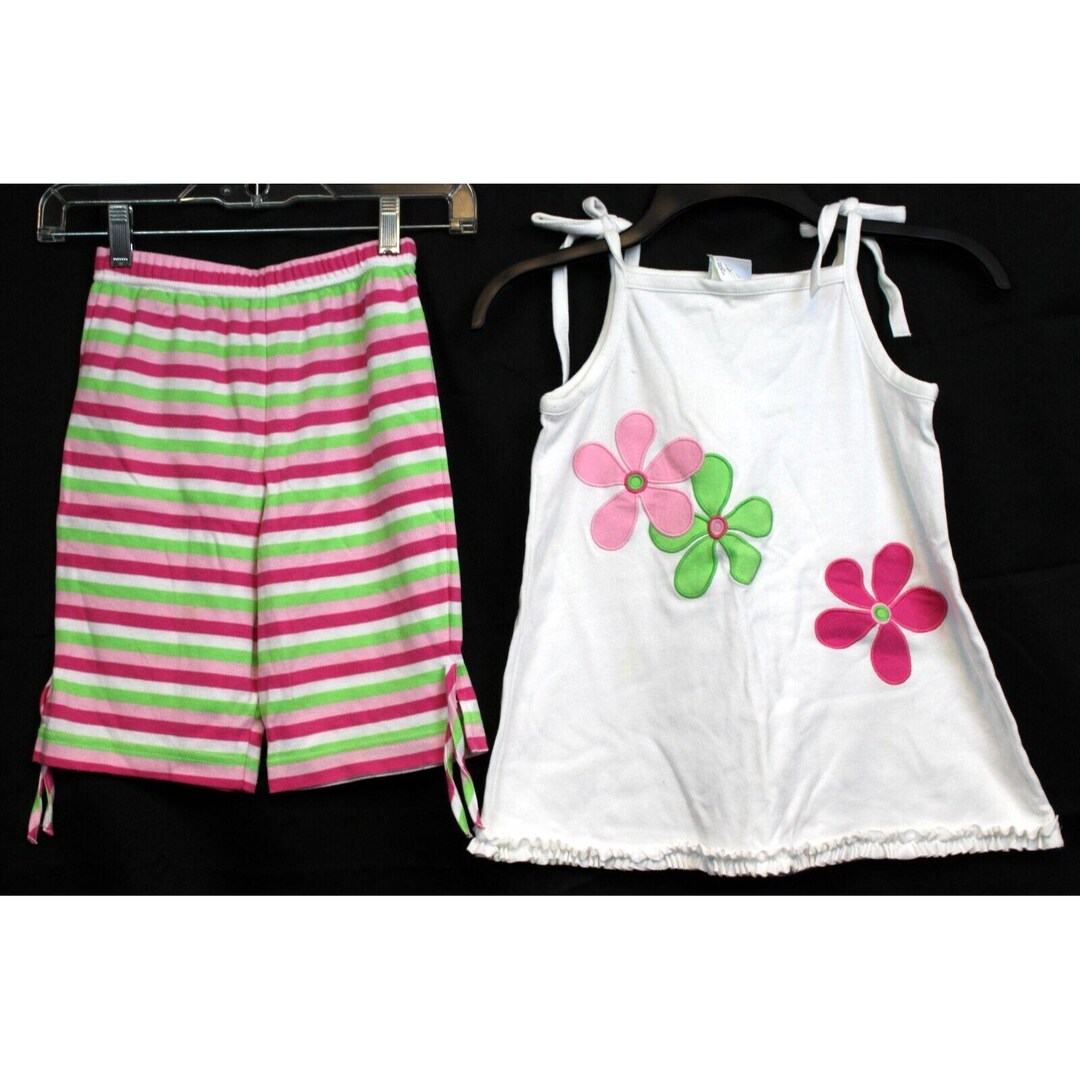Kellys Kids 2pc Outfit Tank Top Shorts Flowers Stripes Summer Ruffle A ...