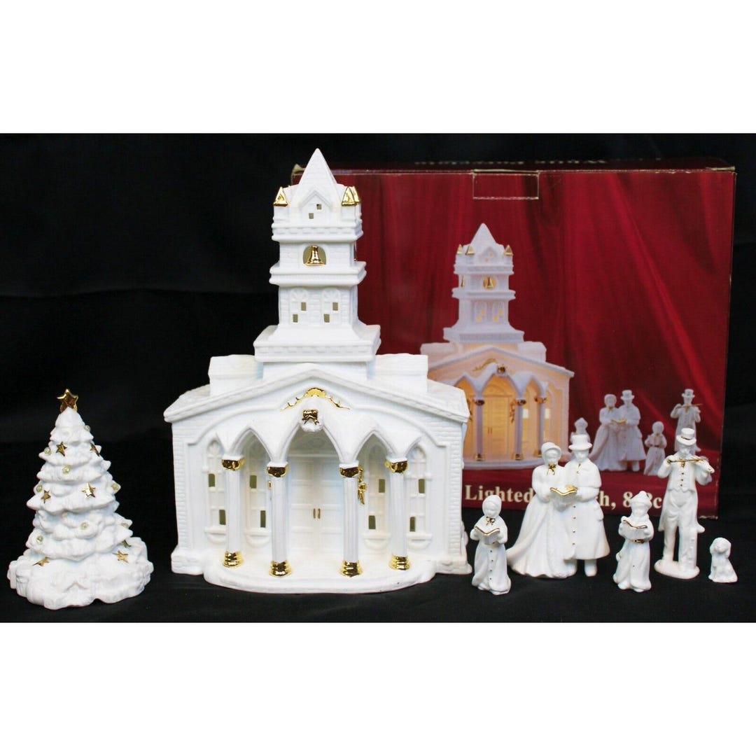 Galleria Inc White Porcelain Lighted Church Gold Accent 8 Pieces ...