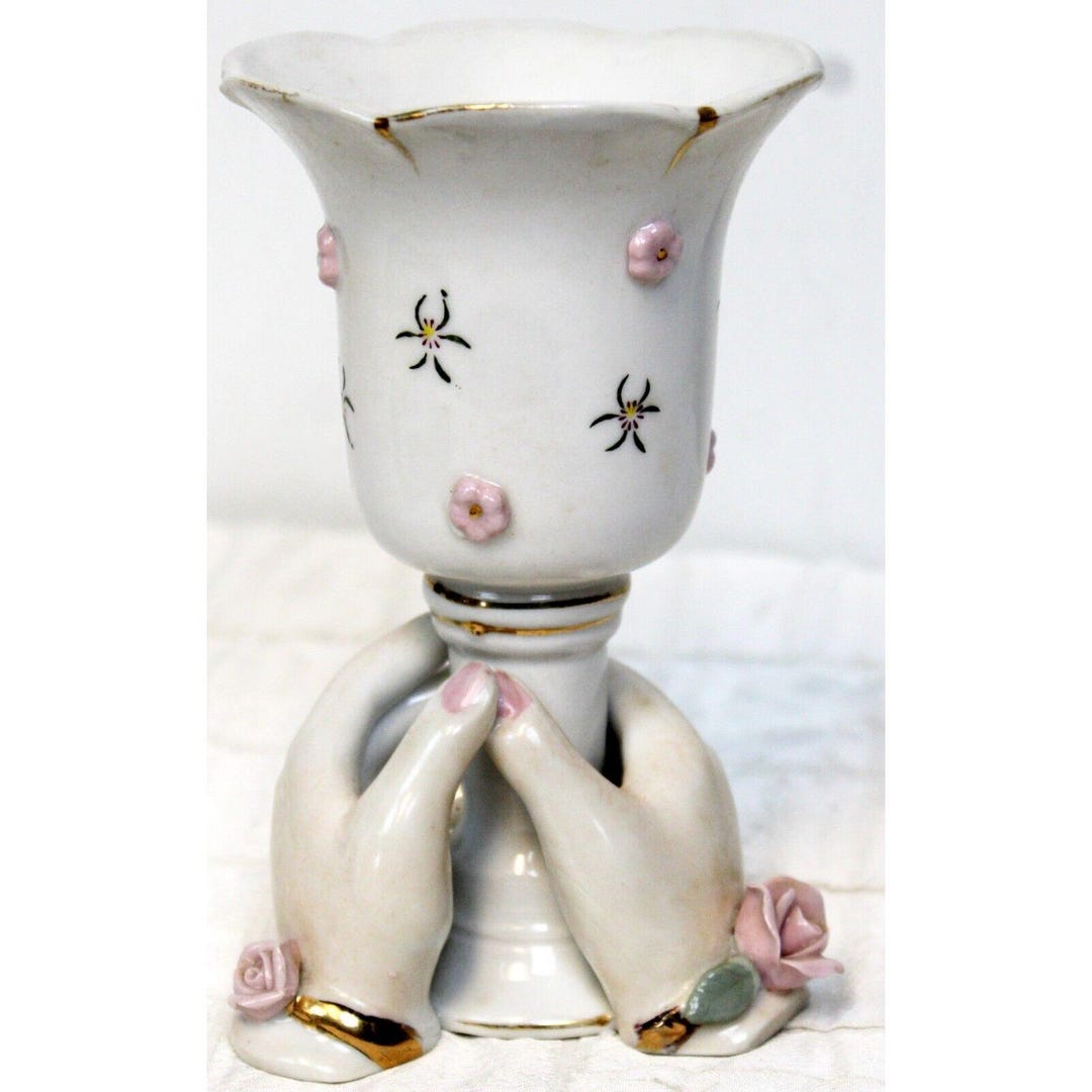 Vtg 50s Lefton China Bud Vase Womans Lady Hands Holding Cup Pink Rose 5 ...