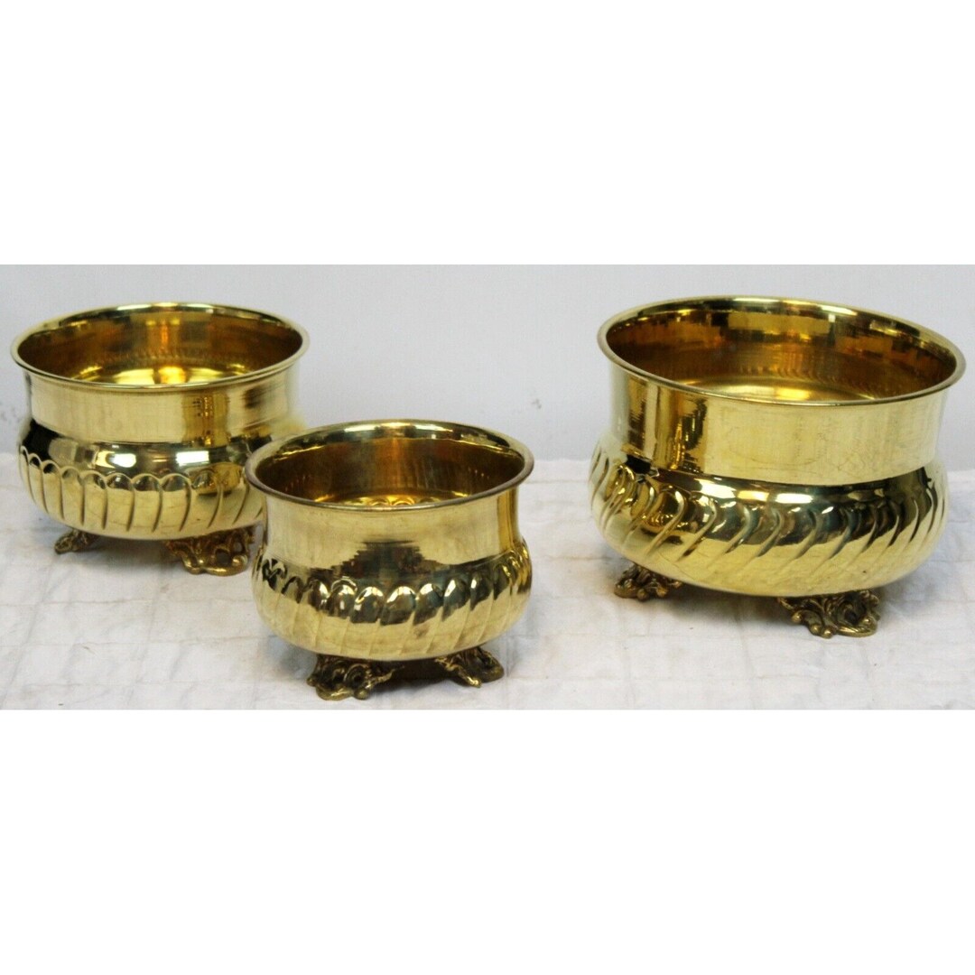 3 Vtg 60s Bass Pots Planter Gold Color Footed Set Graduating Sizes ...