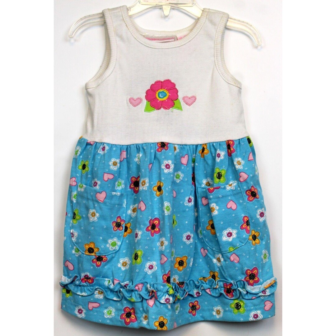 1990s Caitlyn Scott Tank Dress Flowers Summer Blue Pockets Sz 3T White ...