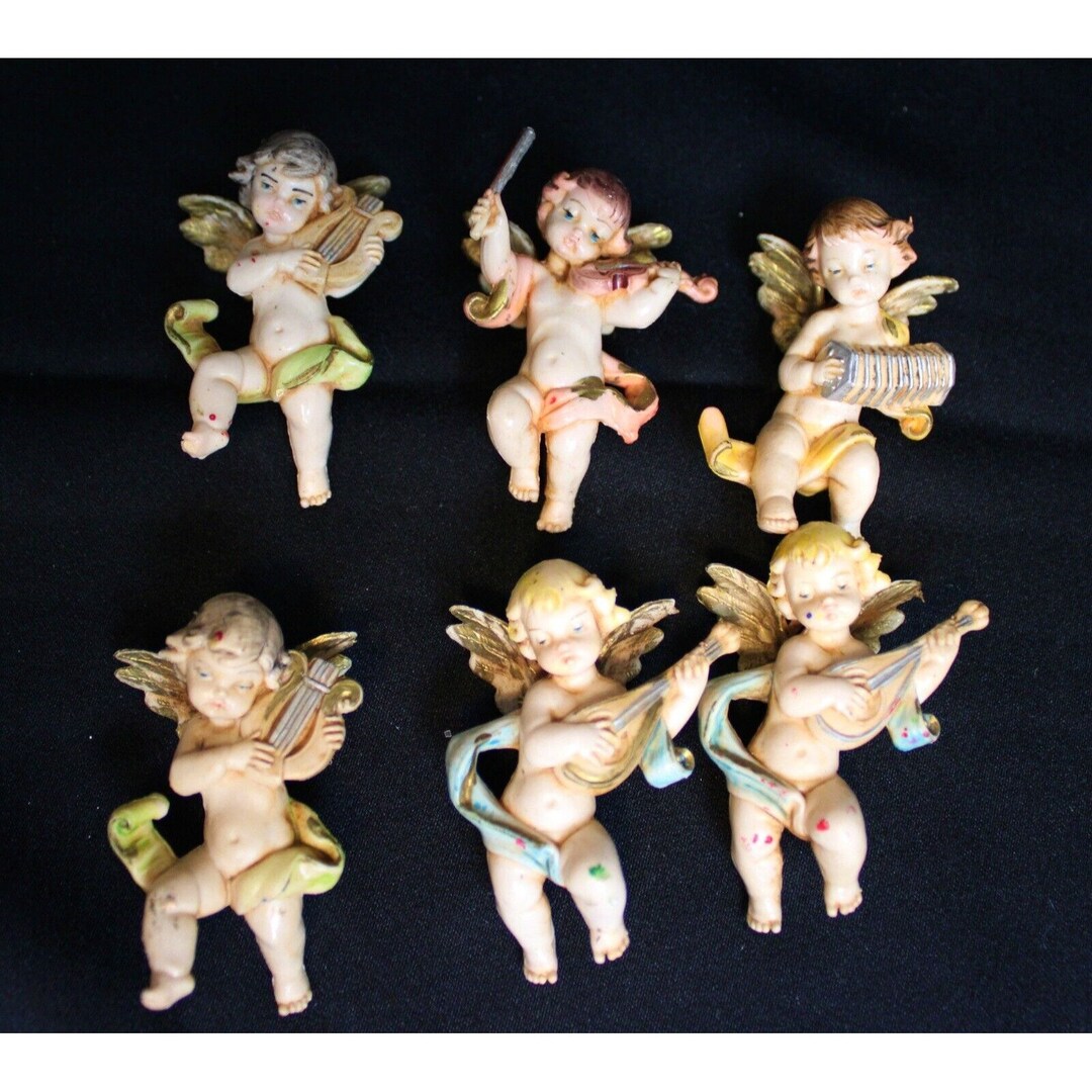 6 Pc Fontanini Baby Angel Cherub Ornaments Colorful Lute Lyre Violin ...