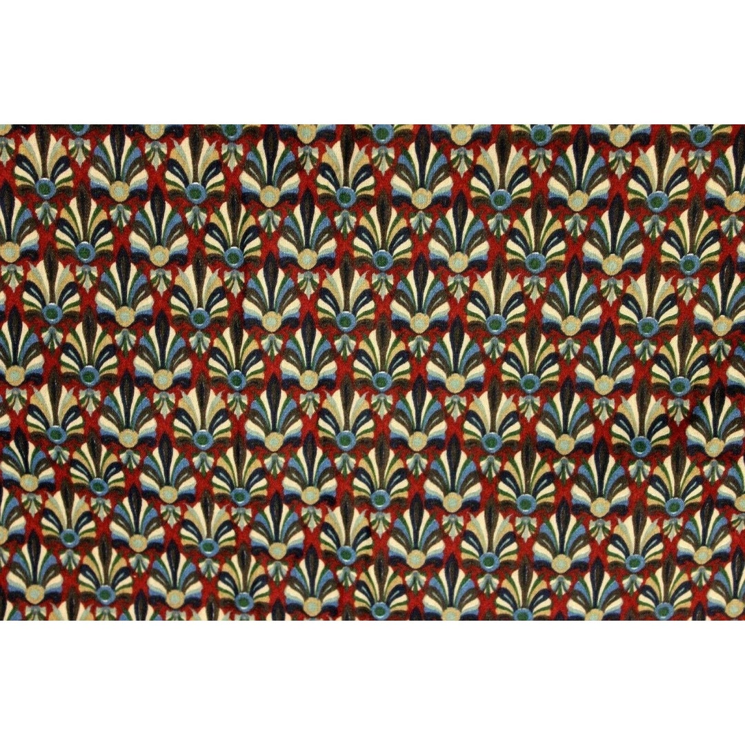 VTG Maroon Fabric Blue Tan Fan Pattern Upholstery 46" Hollywood Art ...