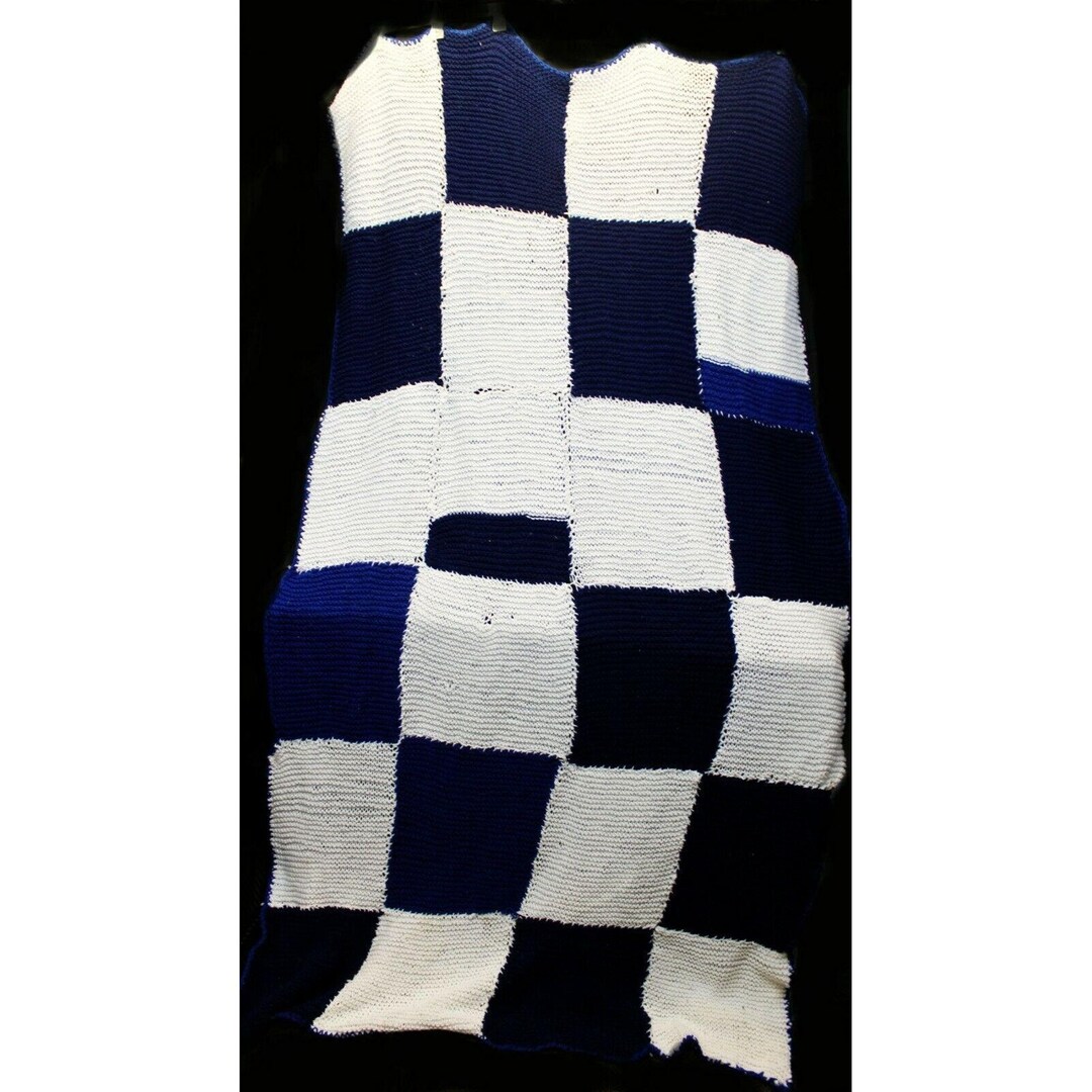 Hand Crochet Blue White Square Pattern Full/ Queen Size Blanket Throw ...