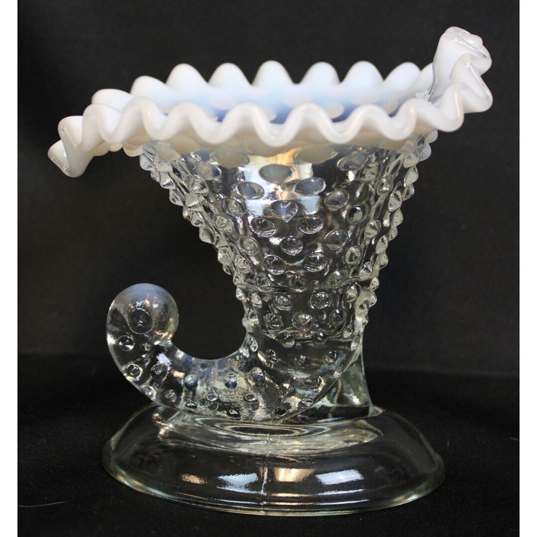 Fenton Hobnail Moonstone Horn Vase Glass Cornucopia Art Ruffle Taper ...
