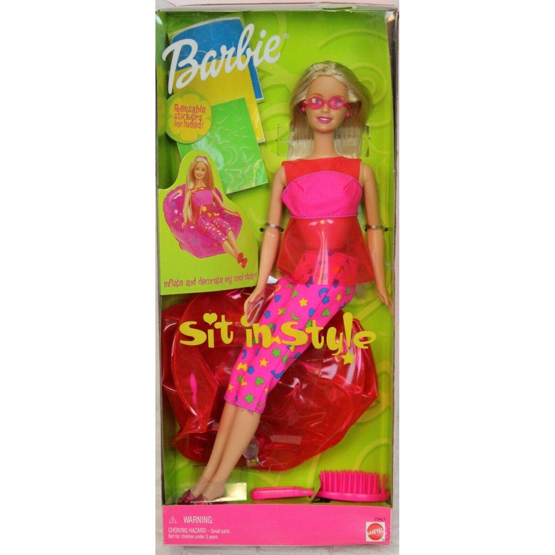 1999 Barbie Sit in Style Doll New Blond Inflatable Chair Stickers Pink ...