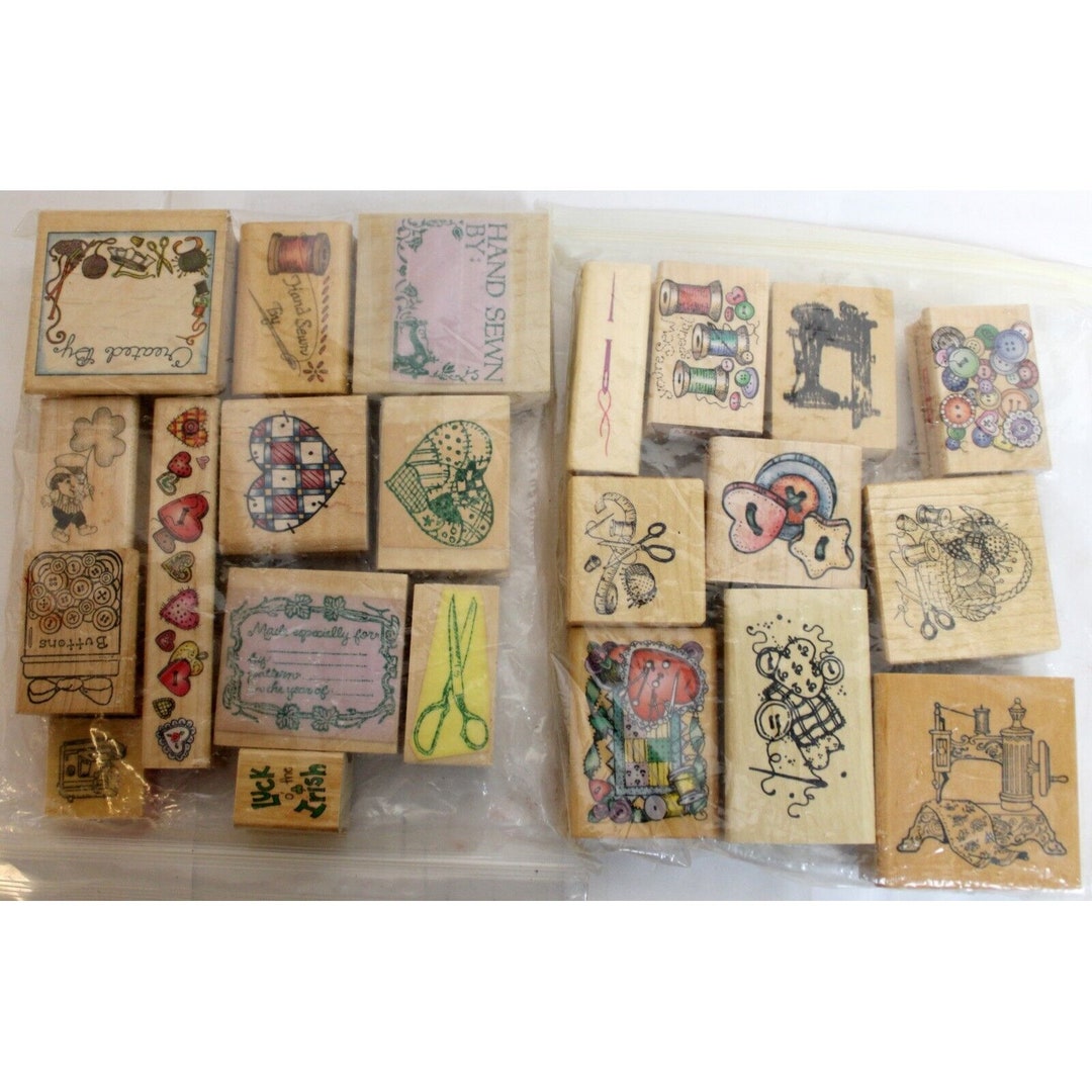 22 Pc 80's 90's Sewing Farmhouse Country Rubber Stamp Lot Buttons ...